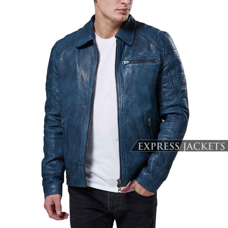 Distressed Blue Leather Jacket | Vintage Blue Jacket Men's